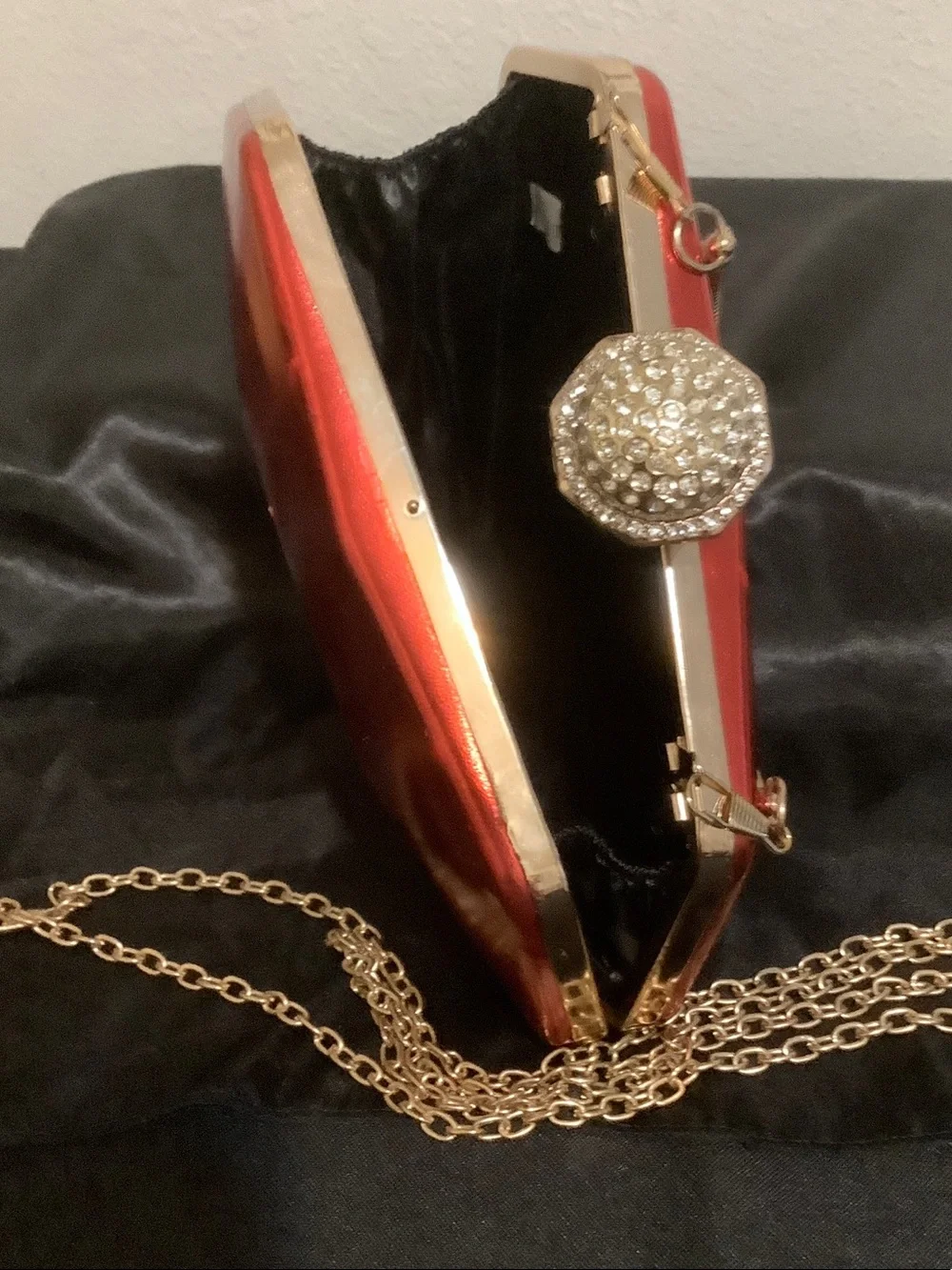 Bags | Red Metallic Evening Clutch Handbag With Gold Chain | Poshmark